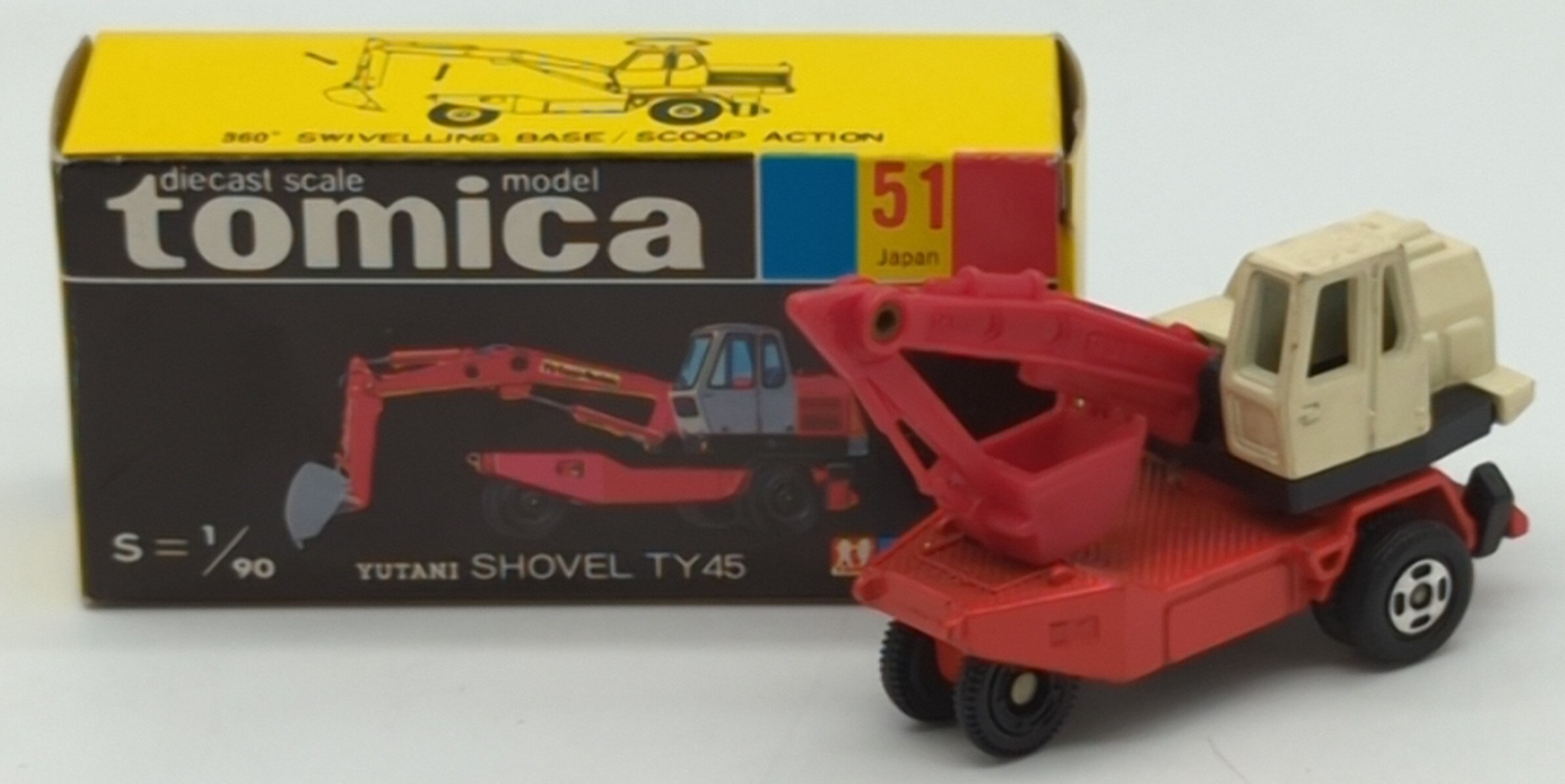 Tomy Tomica black box Made in Japan Yuya Shovel TY45 / ivory/Orange /12D/Red arm bucket ...