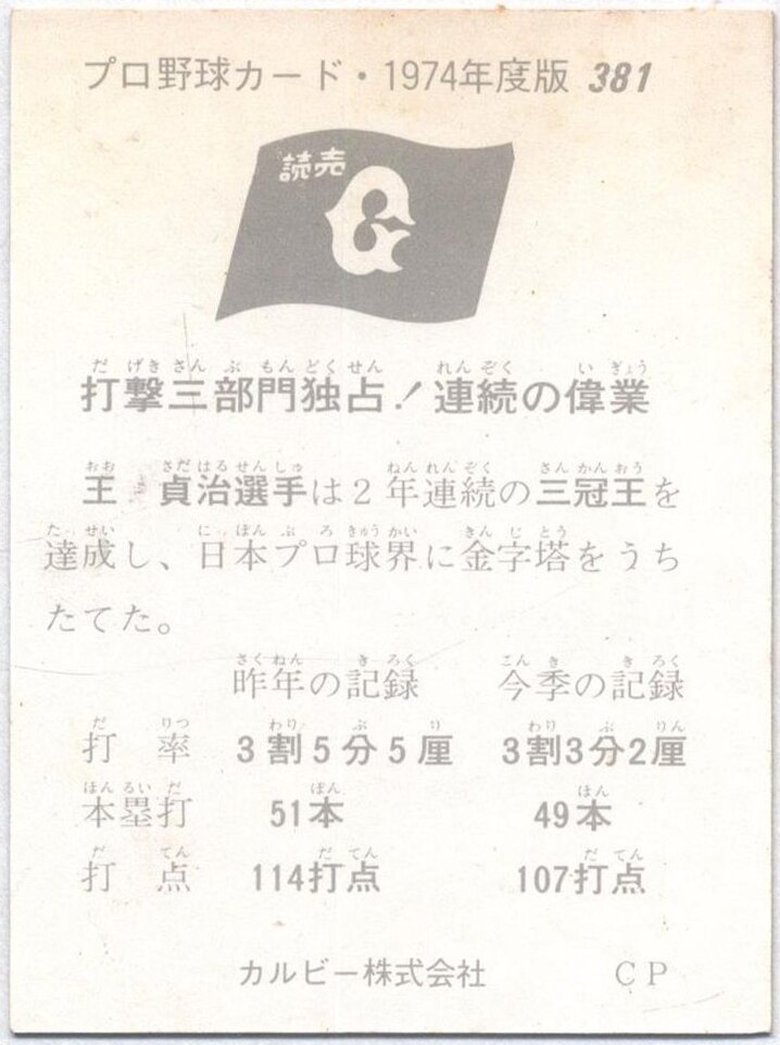 カルビー 74年 第8ブロック 王貞治 381 | まんだらけ Mandarake