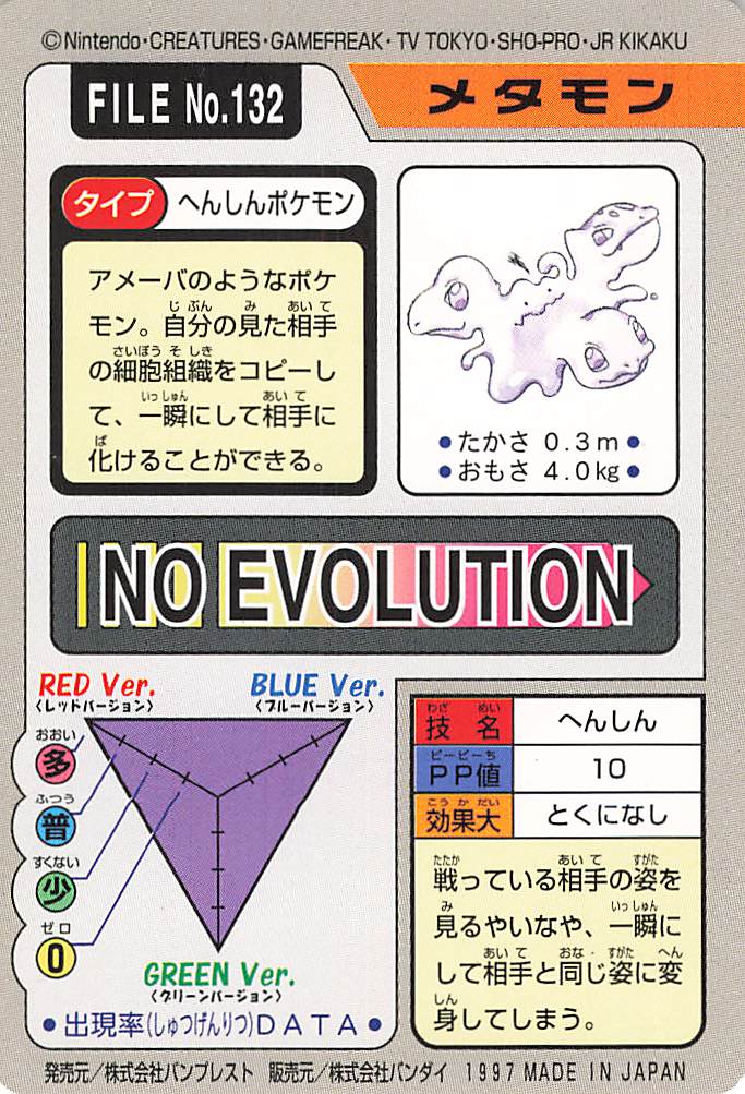 バンダイ ポケモン/本弾【青版】 4弾(1997) メタモン 132 | まんだらけ Mandarake