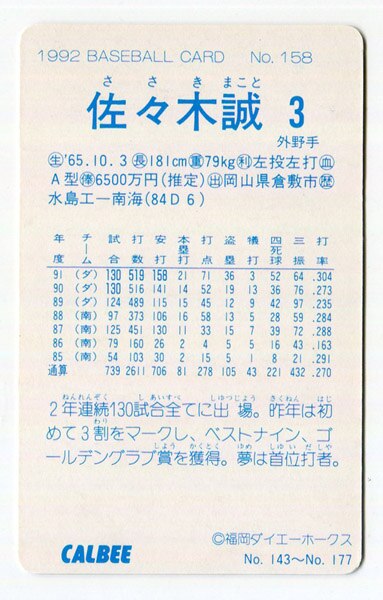 カルビー 92年 第5ブロック 佐々木誠 158 | まんだらけ Mandarake