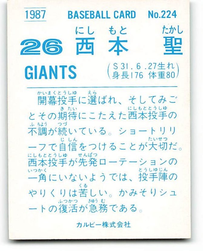 カルビー 87年 西本聖 224 | まんだらけ Mandarake